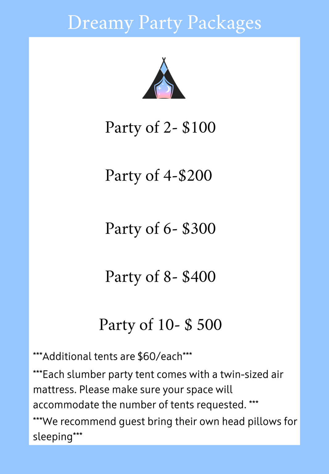 Slumber Party Packages + Price - Dreamy Teepee Party Rentals LLC
